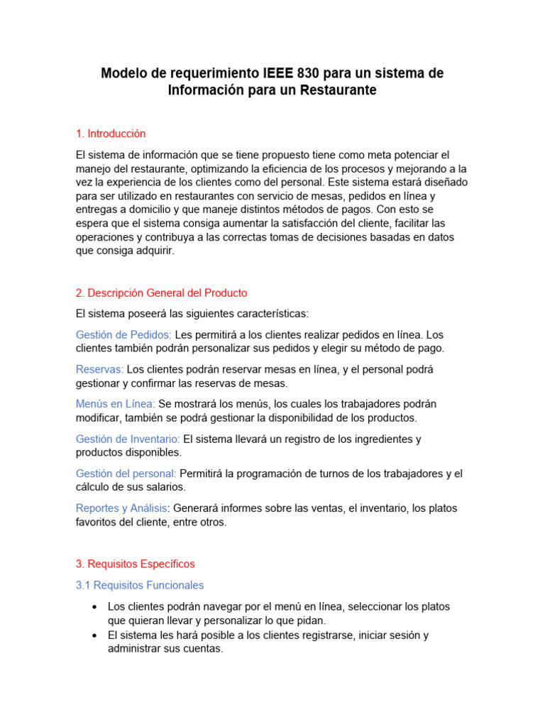 Sistema de Información para Un Restaurante - Modelo de Requerimientos ...