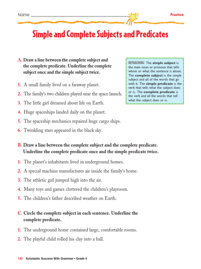 Complete Subject and Complete Predicate Worksheet | PDF | Subject ...