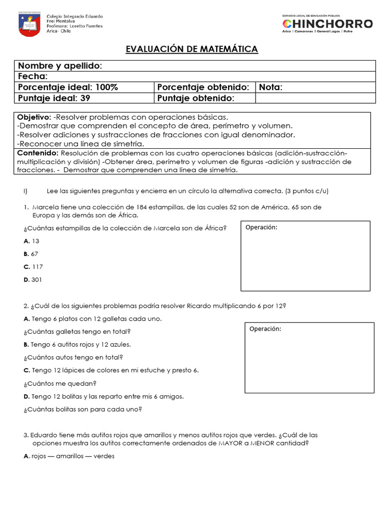 Prueba de Matemática 4 Básico | PDF | Multiplicación | Porcentaje