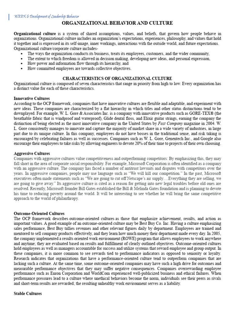 Week 6 Organizational Behavior and Culture | PDF | Organizational ...