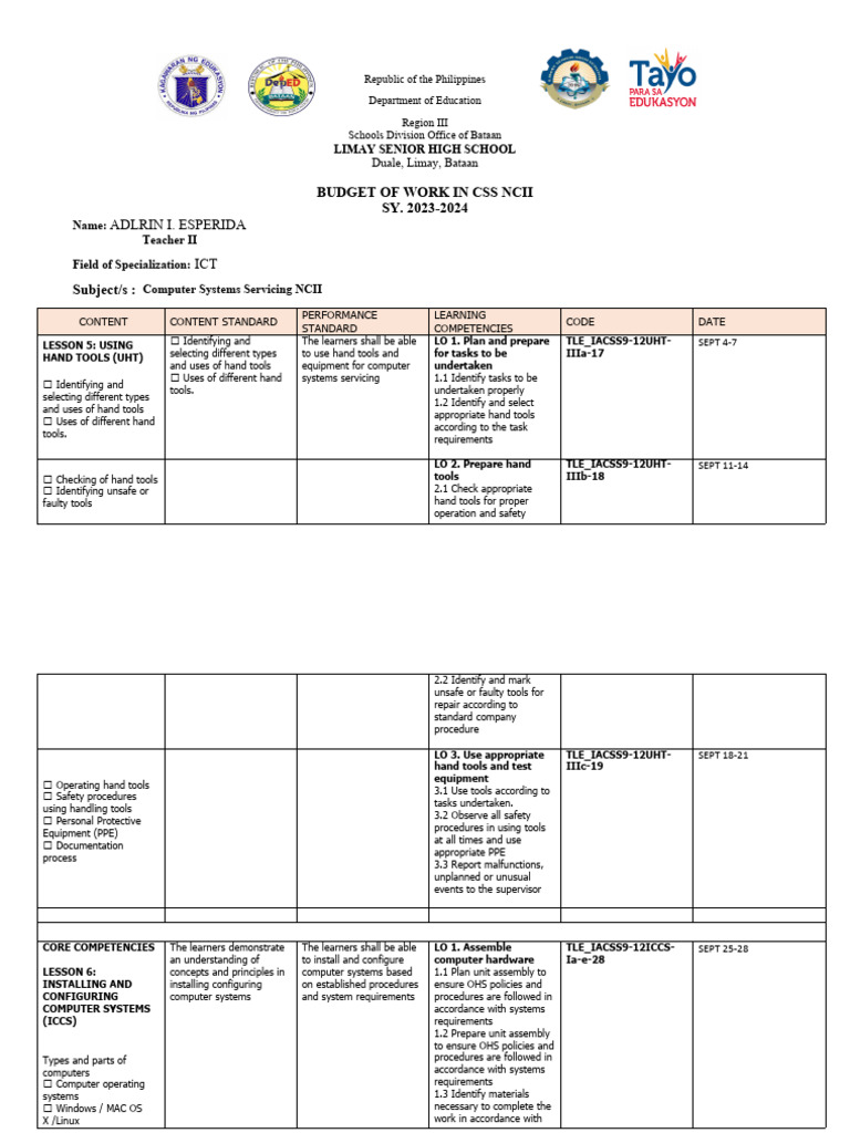CSS Budget of Work | PDF | Installation (Computer Programs) | Operating System