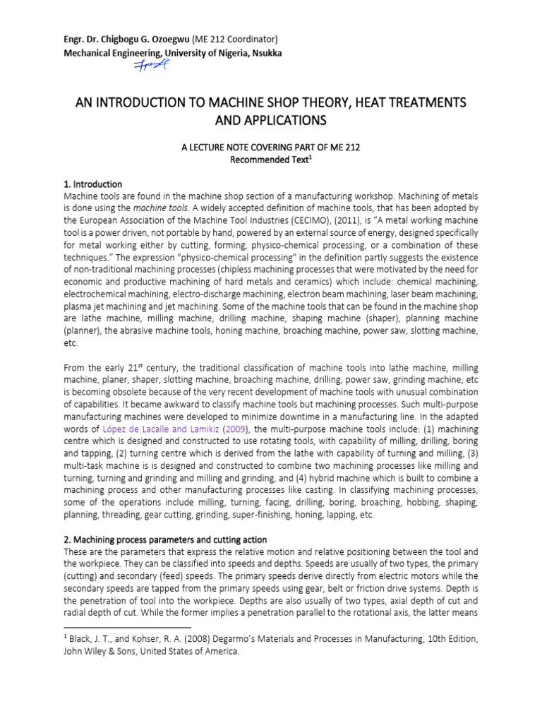ME 212 Lecture Notes MACHINE SHOP&HEAT TREATMENTS | PDF | Machining ...
