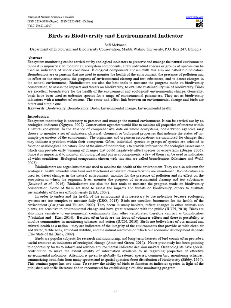 Mekonen. 2017. Birds As Biodiversity and Environmental Indicator | PDF ...