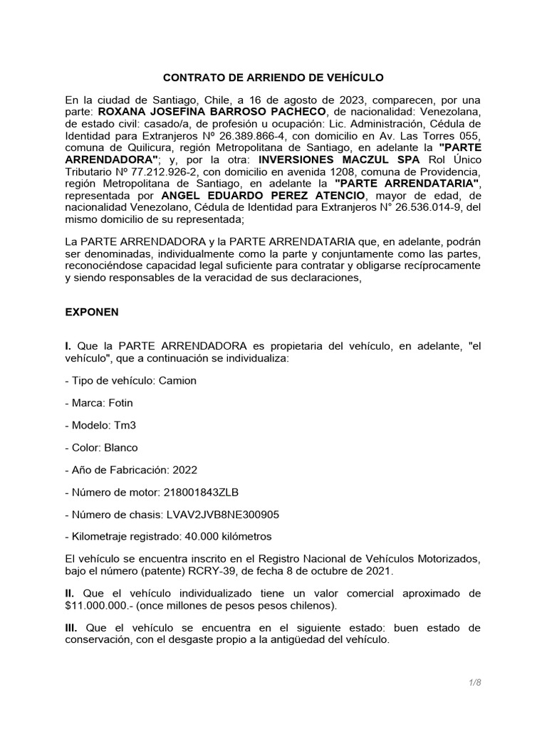 Contrato de Arriendo de Vehiculo | PDF