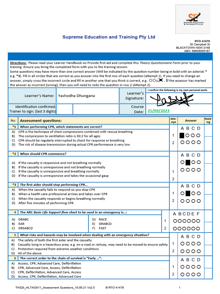 TH320 - HLTAID011 - Assessment Questions - 10.05.21 Vs2.0 To Print ...