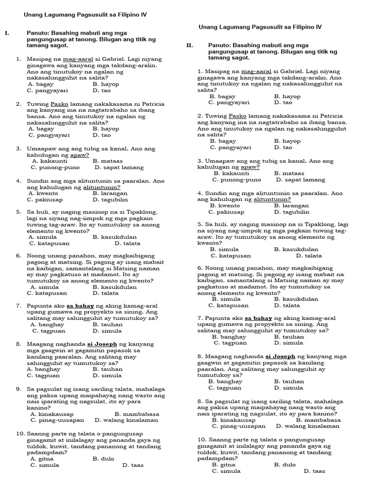 Unang Lagumang Pagsusulit Sa Filipino IV - Docxq1 | PDF
