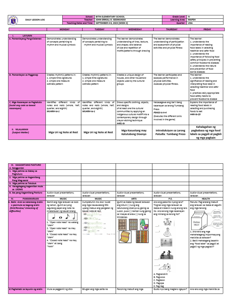 DLL Mapeh-4 Q1 W2 | PDF | Learning | Rhythm