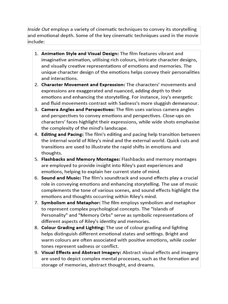 Cinematic Techniques in Inside Out | PDF | Emotions | Thought