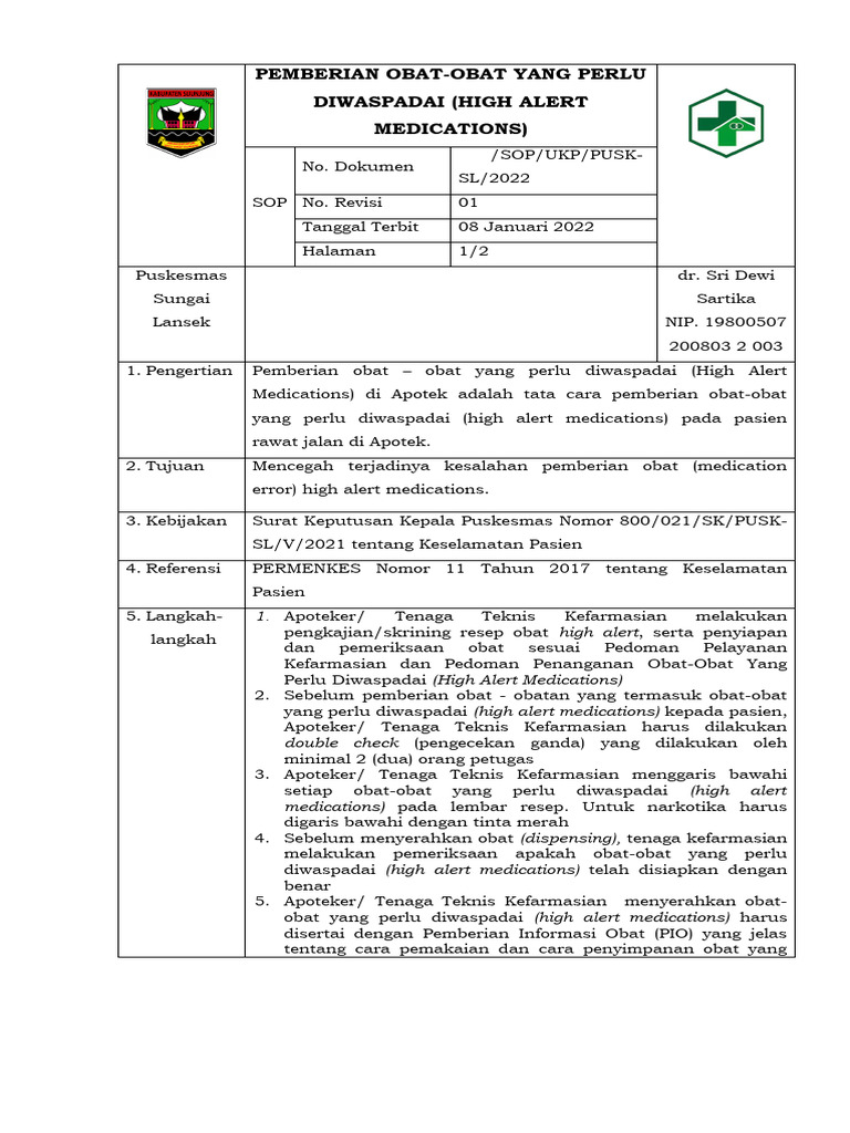 Sop Pemberian High Alert Medication | PDF