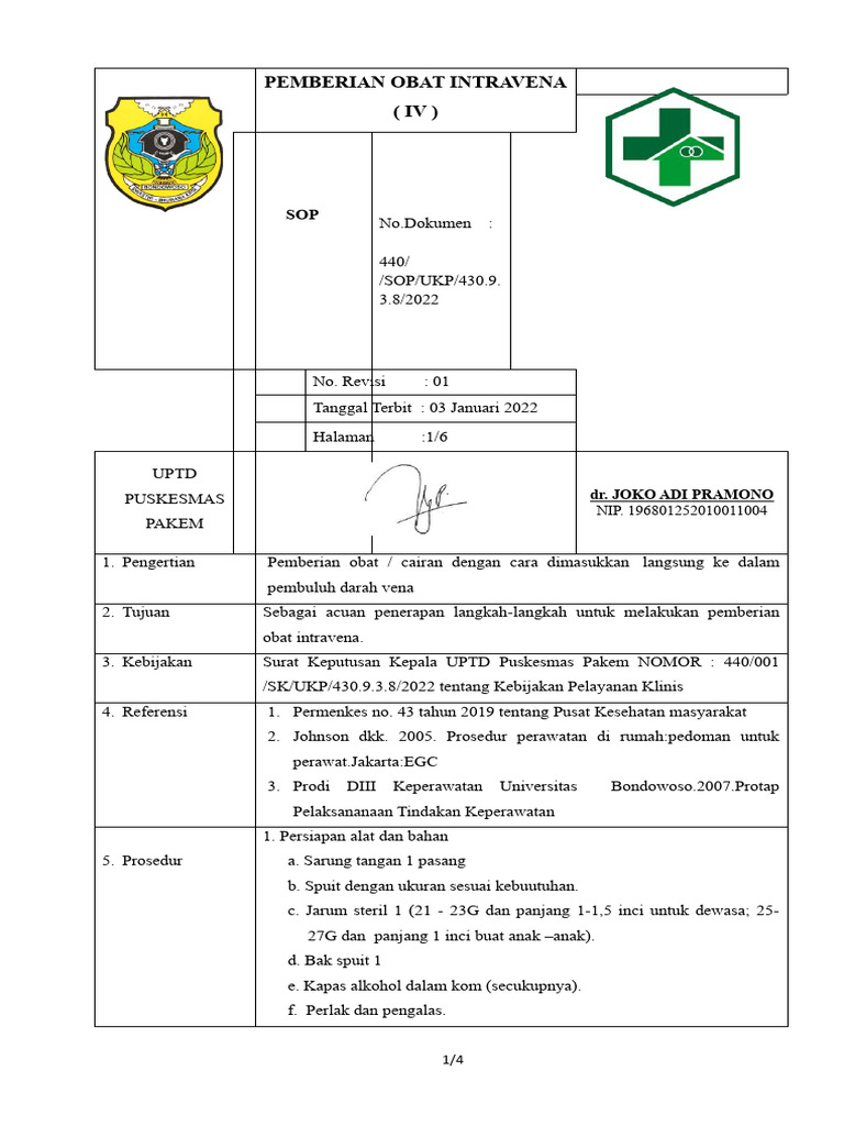 SOP Pemberian Obat Injeksi IV | PDF | Sains & Matematika