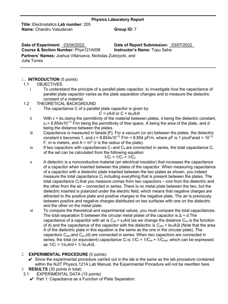 Lab 205 - Parallel Plate Capacitor | PDF | Capacitance | Capacitor