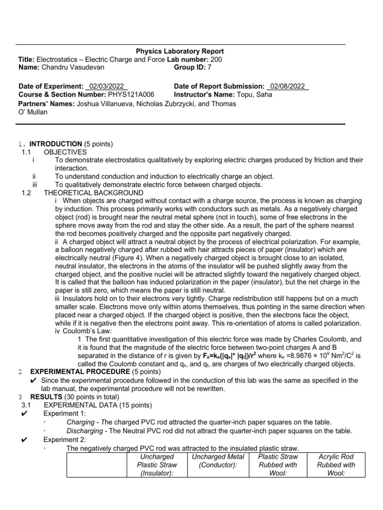 Lab 200 - Electrostatics - Electric Charge and Force | Download Free PDF | Electric Charge ...