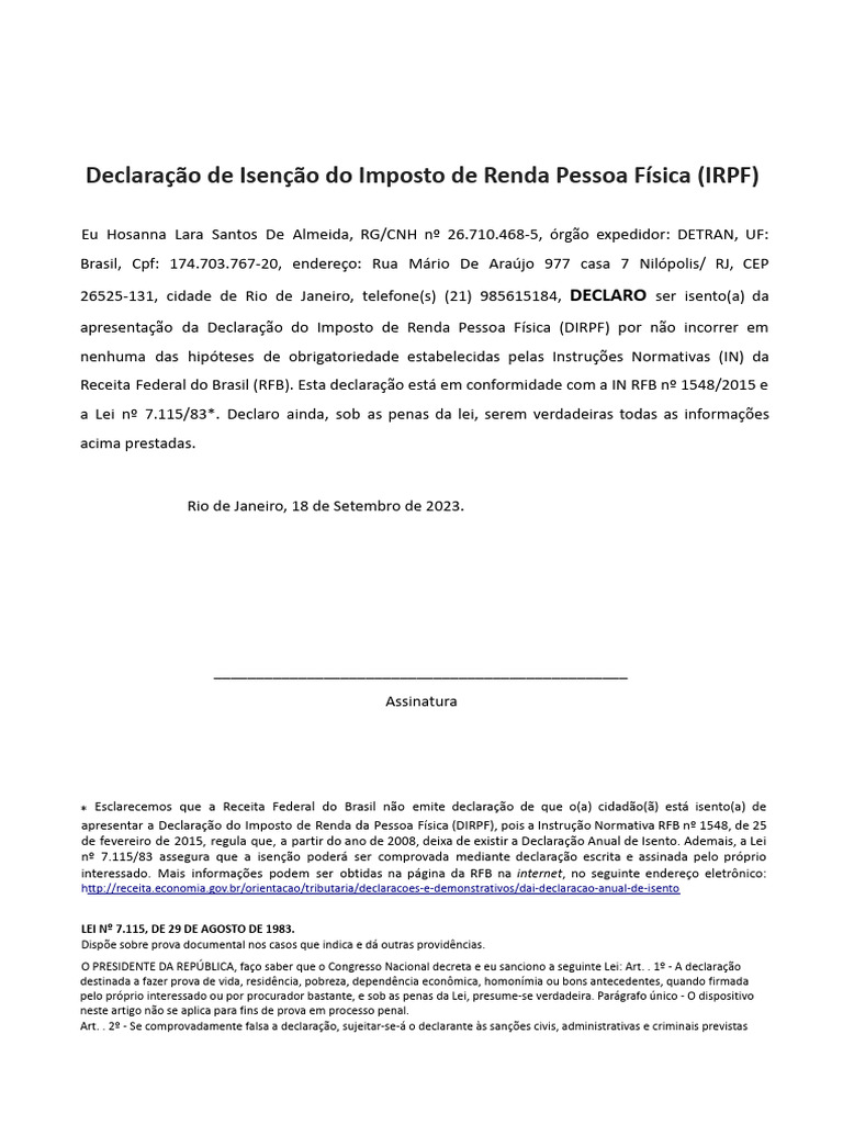 Declaração Isenção de Imposto de Renda | PDF Declaração Isenção de Imposto de Renda | PDF