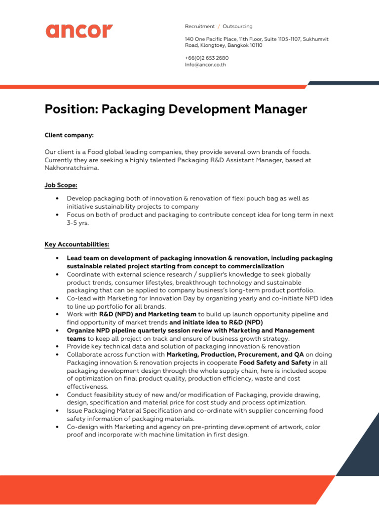 Ancor - JD - Packaging Development Assistant Manager | PDF | Packaging ...