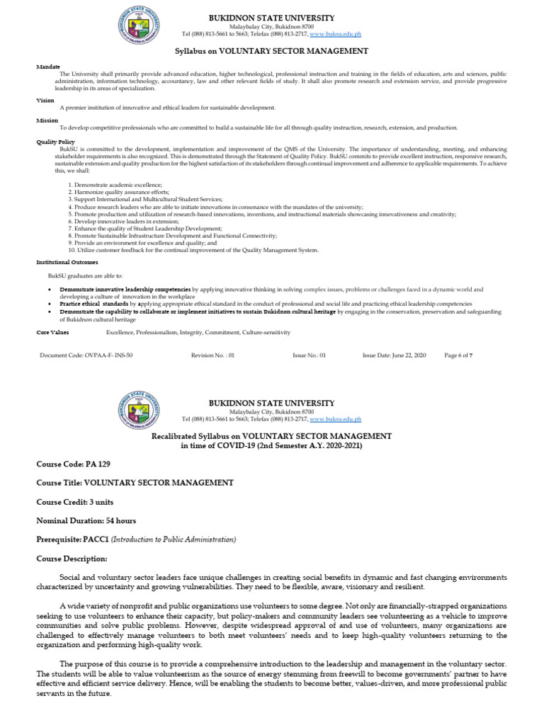 Voluntary Sector Management Syllabus | PDF | Volunteering | Leadership