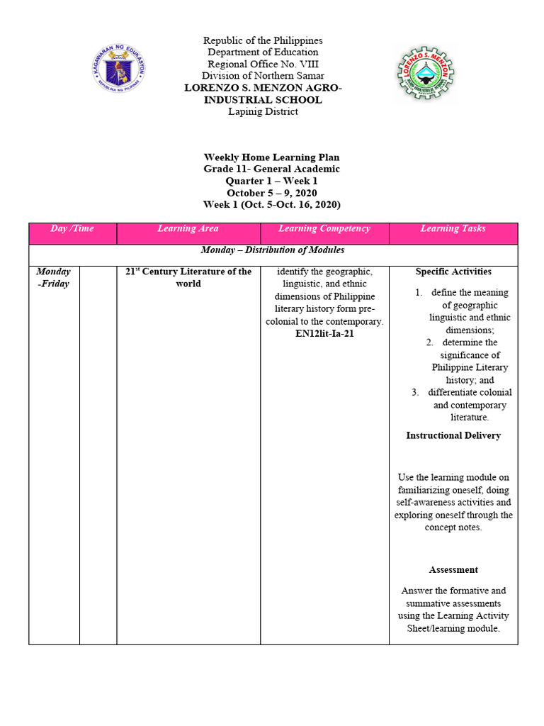 Weekly Home Learning Plan | PDF