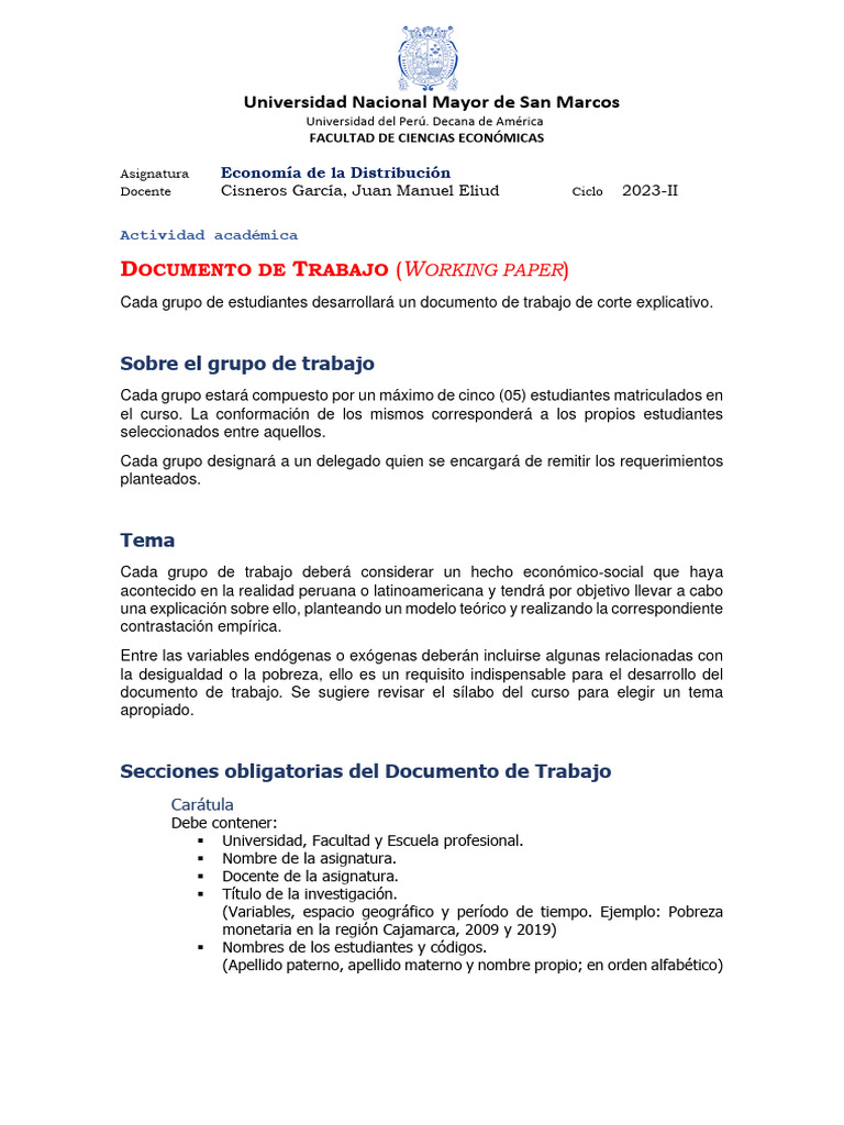 UNMSM FCE 2023-II EDD Pautas para Elaboración de Documento de Trabajo | PDF