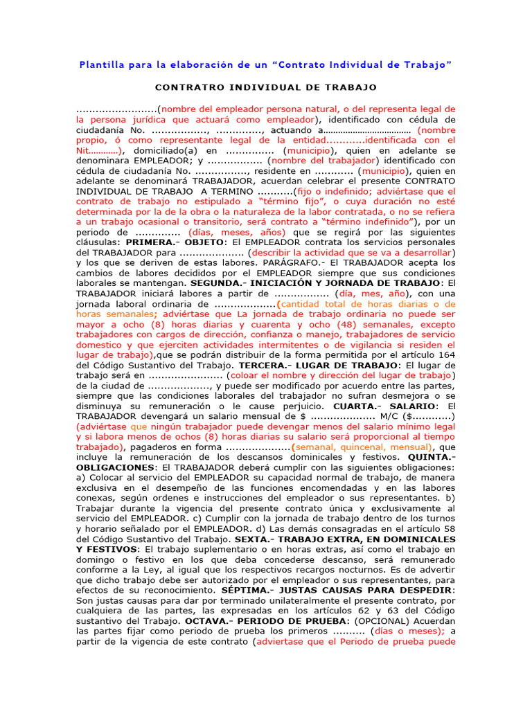 Plantilla para La Elaboracion de Contrato Individual de Trabajo | PDF | Derecho laboral | Salario