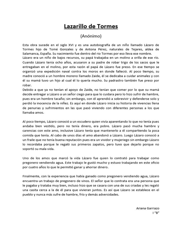 Lazarillo de Tormes Resumen | PDF