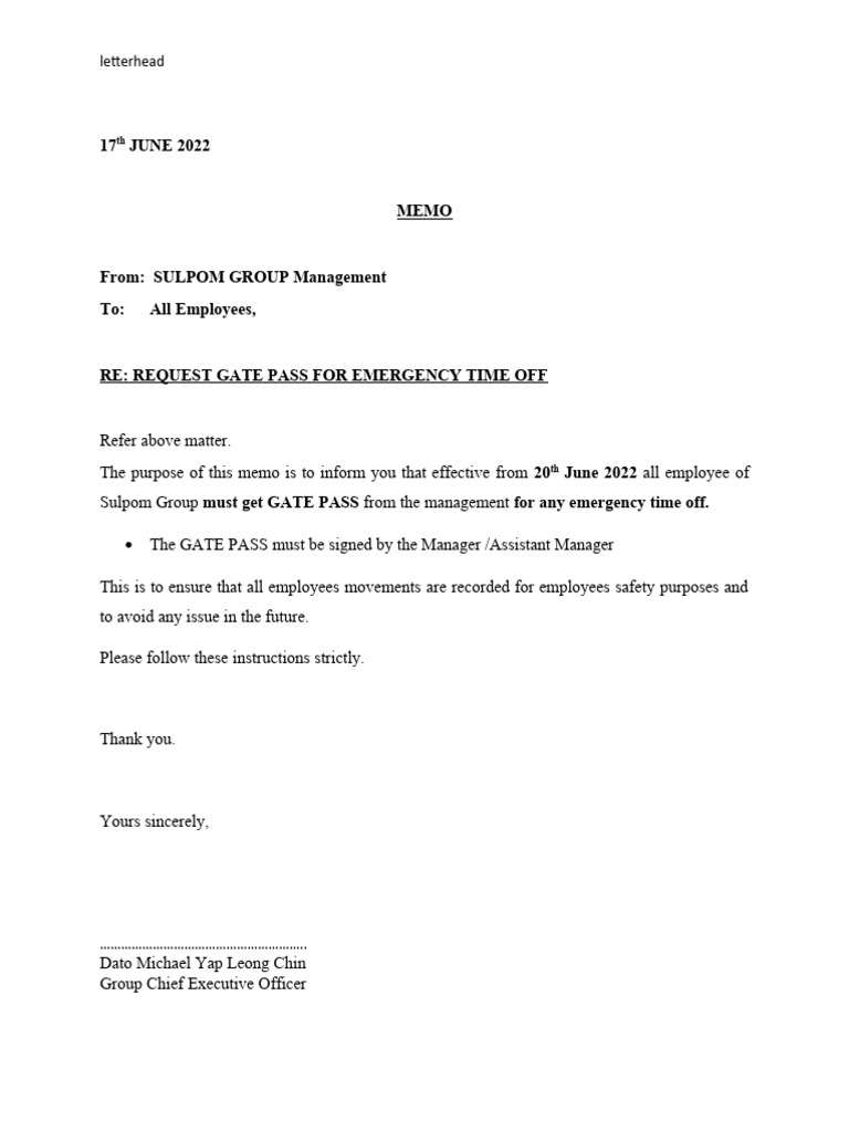Memo For Gate Pass | PDF