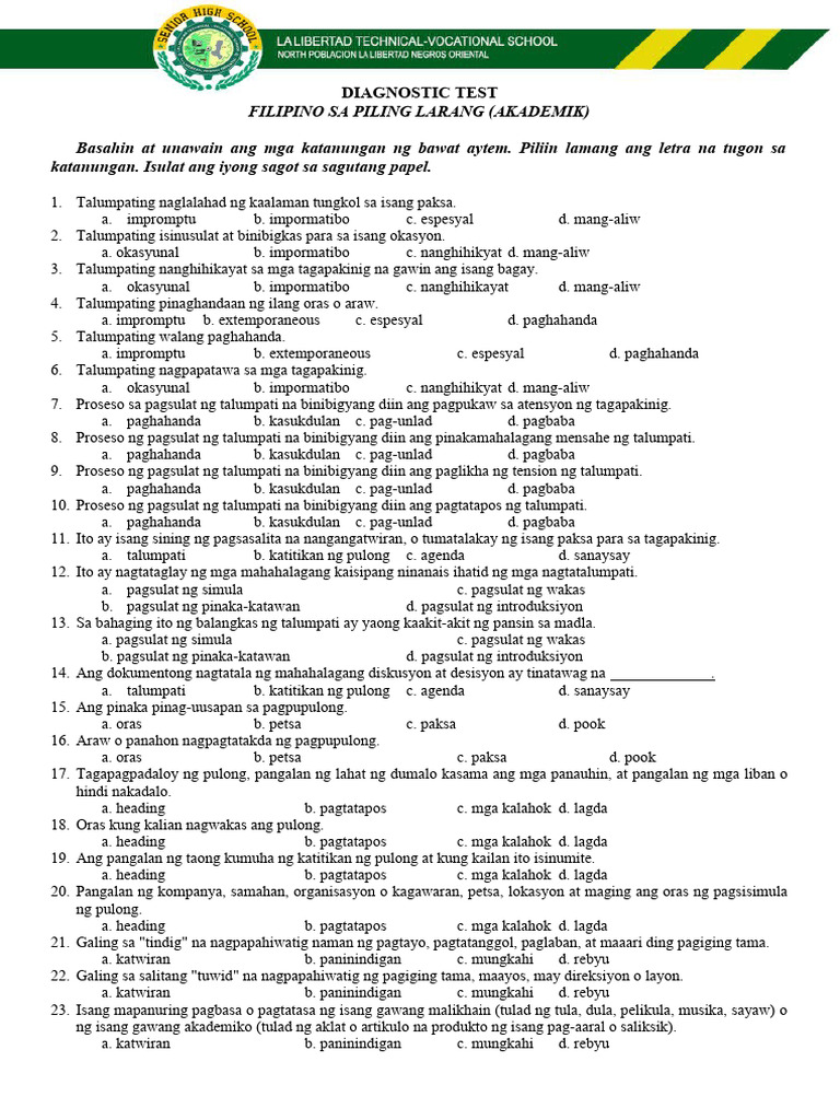 Grade 12 Diagnostic Test | PDF