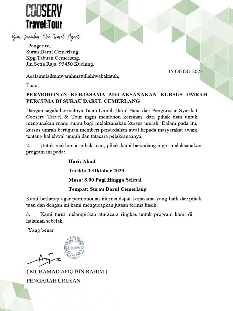 Surat Kursus Umrah Surau Darul Cemerlang | PDF