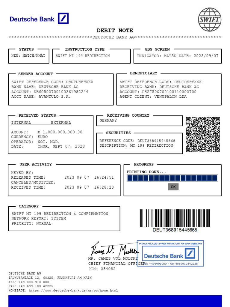 Debit Note Swift Mt199 Redirection Deutdeffxxx 1,000,000.00 Avantulo To ...