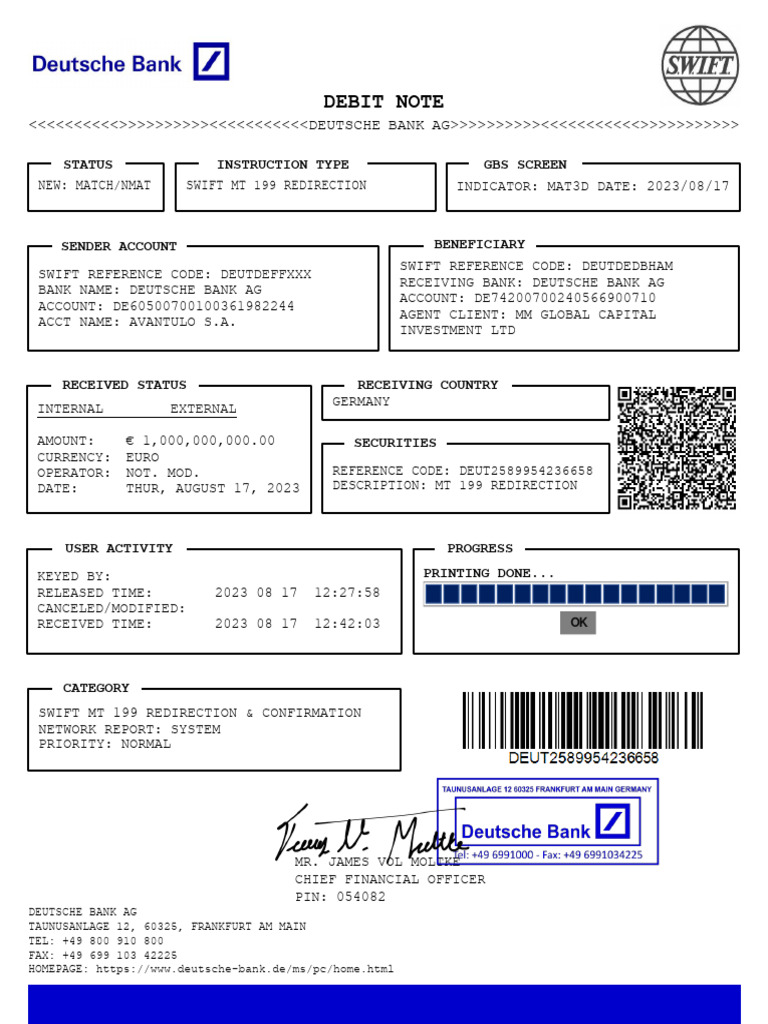 Debit Note Swift Mt199 Redirection and Confirmation 1,000,000,000.00 | PDF Debit Note Swift Mt199 Redirection and Confirmation 1,000,000,000.00 | PDF
