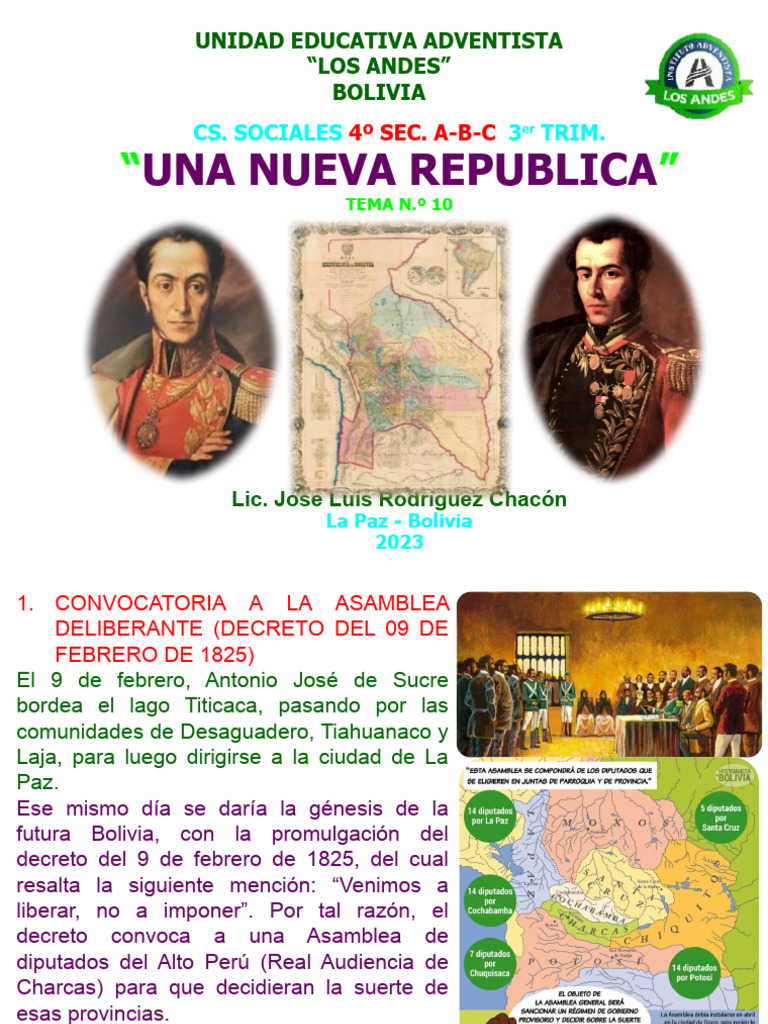 4º Sec CS Sociales Tema #10 Una Nueva Republica | PDF | Bolivia | América del Sur