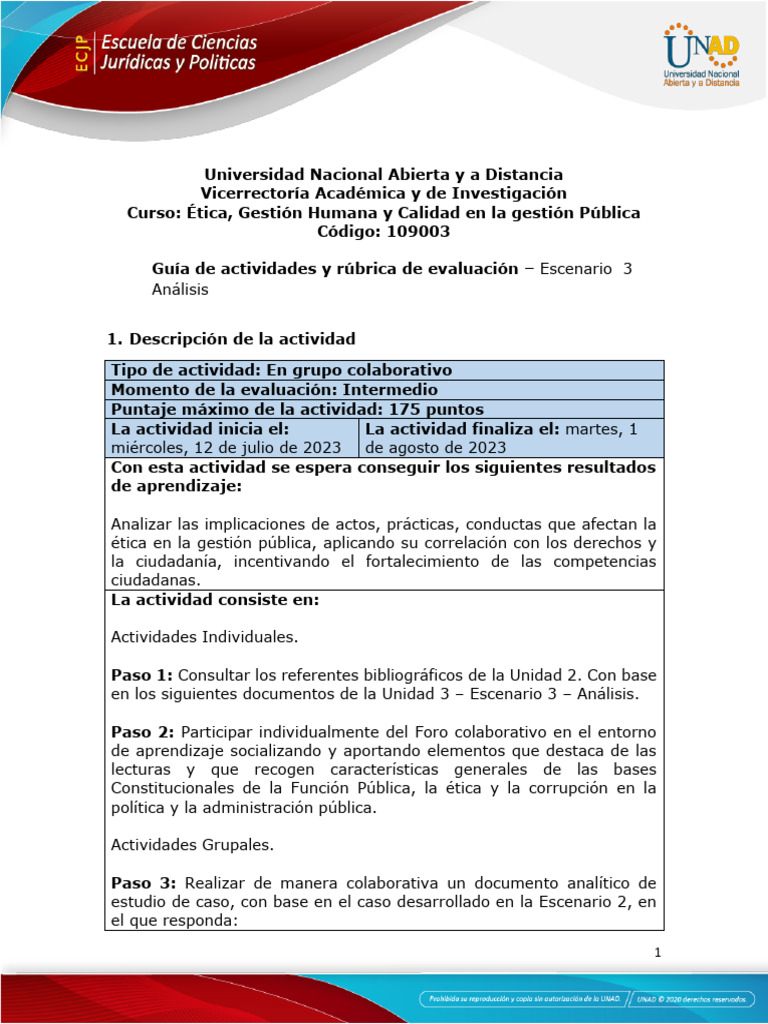 Guia - Unidad 3 - Escenario 3 - Análisis | PDF | Evaluación | Corrupción política