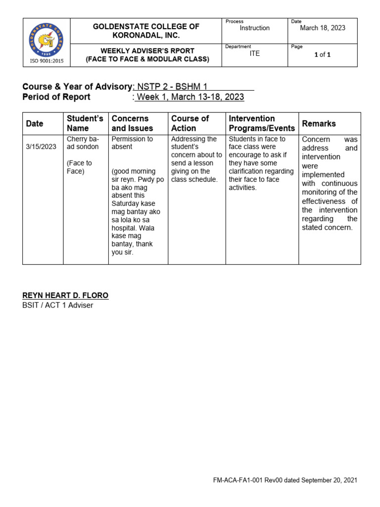 Weekly Adviser’s Report: NSTP 2 BSHM 1 | PDF