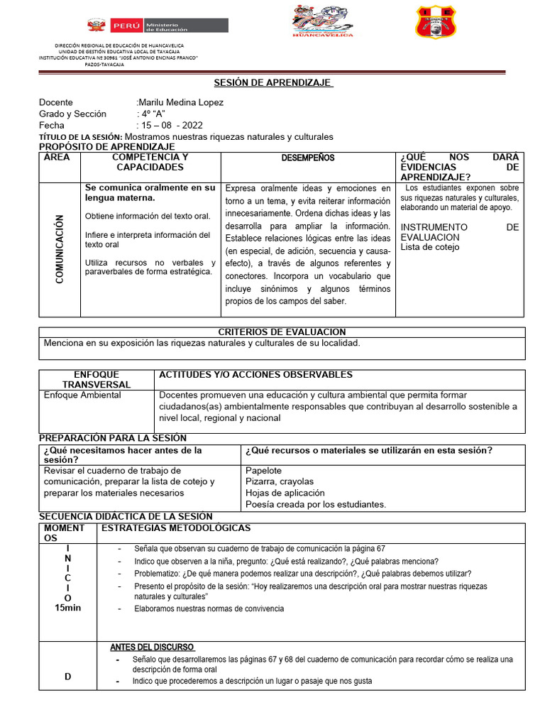 SESION Mostramos Nuestras Riquezas Naturales y Culturales | PDF ...