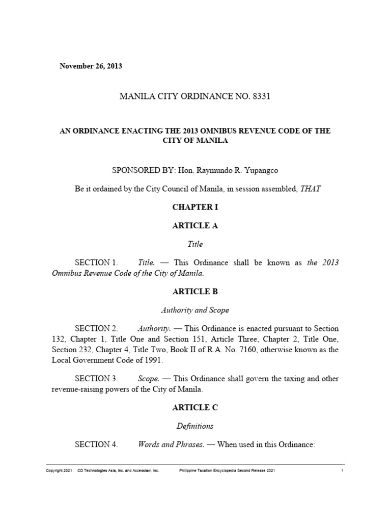 Omnibus Revenue Code of Manila (Ordinance No. 8331) | PDF