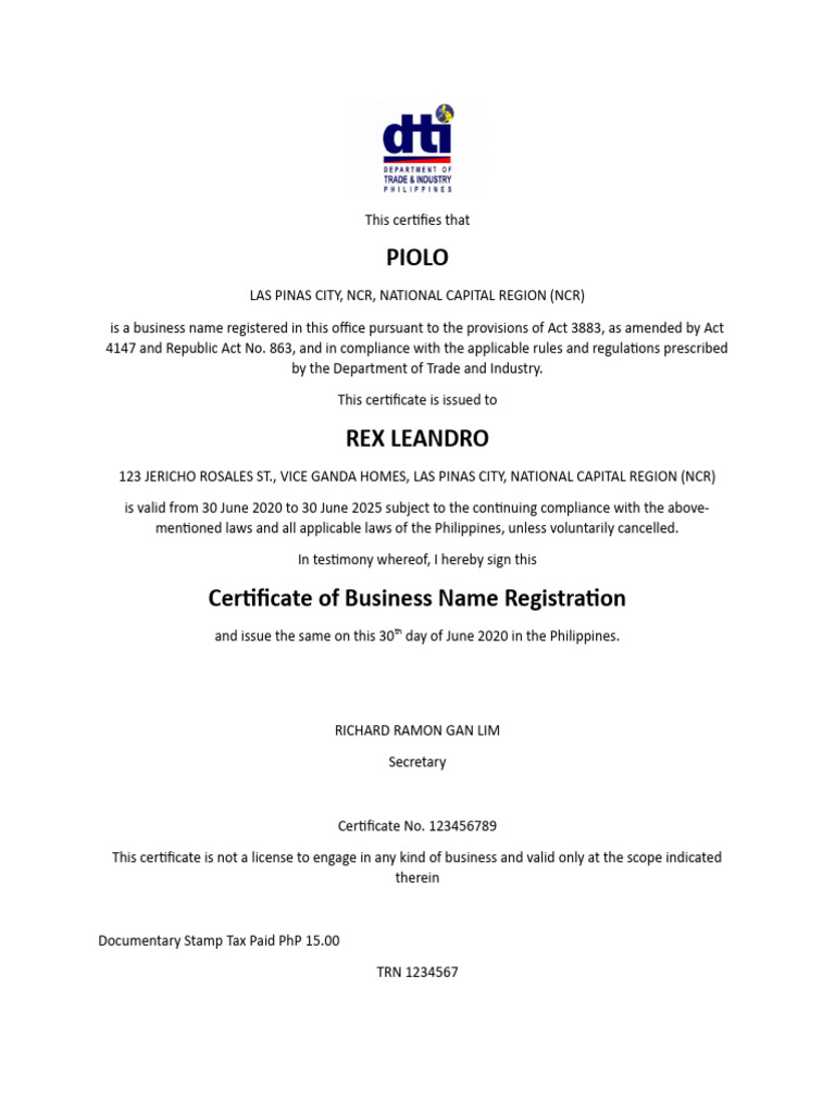 DTI Certificate of Name Registration | PDF | Law
