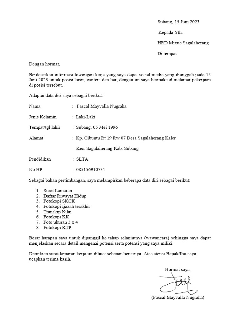 Surat Lamaran Kerja - Mixue Sagalaherang | PDF