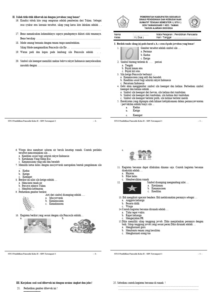 Soal Sts 1 Pendidikan Pancasila Kelas 2 2023-2024 | PDF