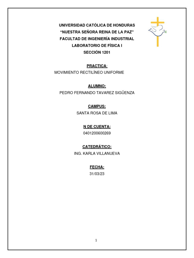 Informe Movimiento Rectilineo Uniforme de Lab. de Fisica 1 - Pedro ...