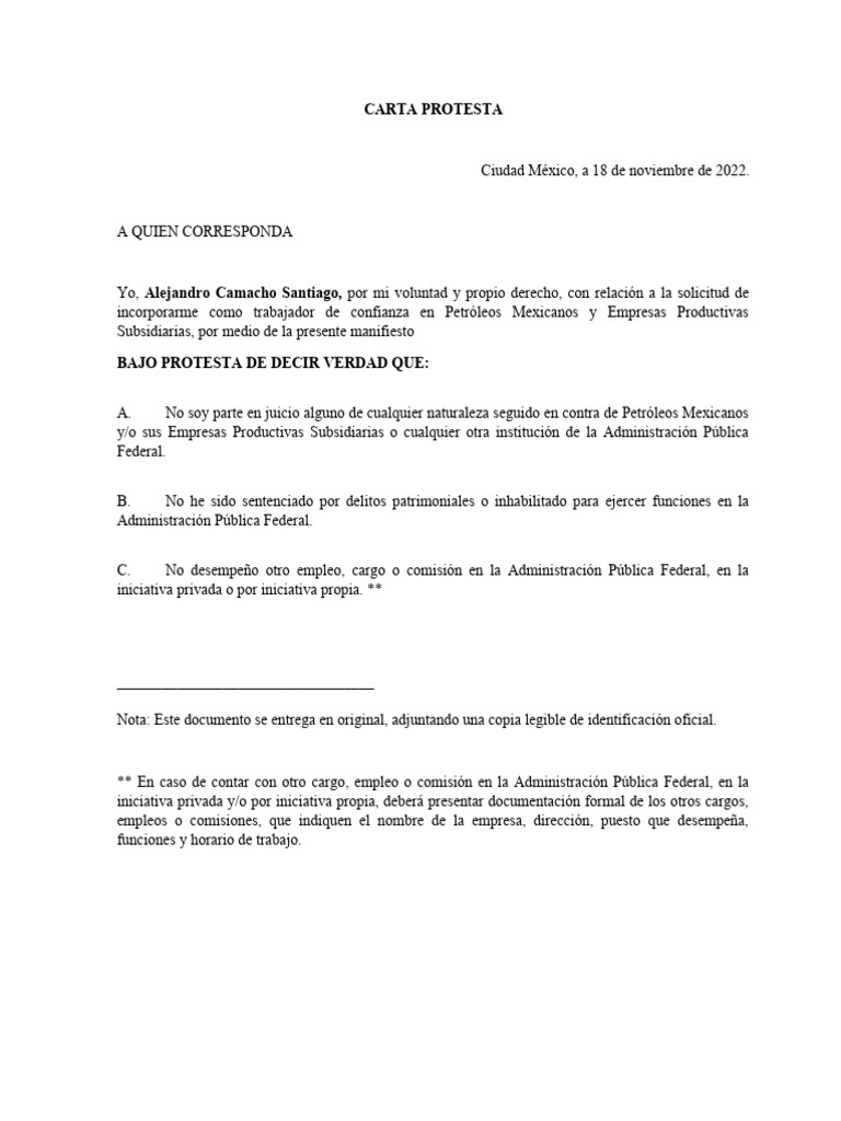 CARTA PROTESTA Ejemplo | PDF
