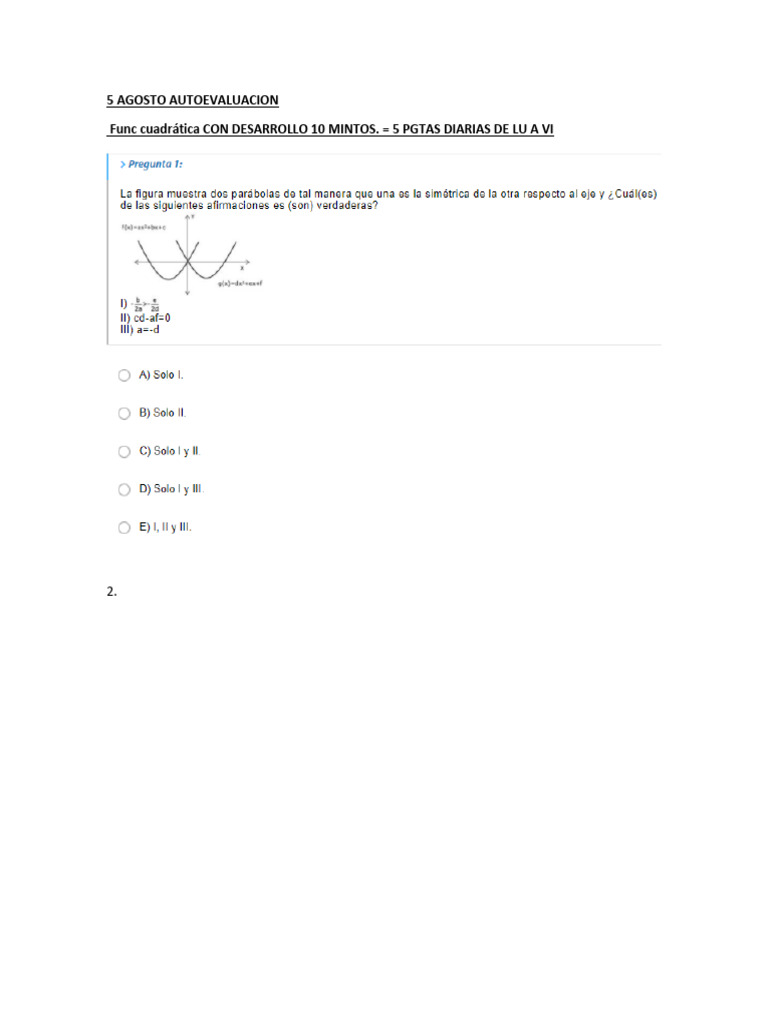 5 Agosto Autoeval Func Cuadratica 5 Pgtas Diarias | PDF