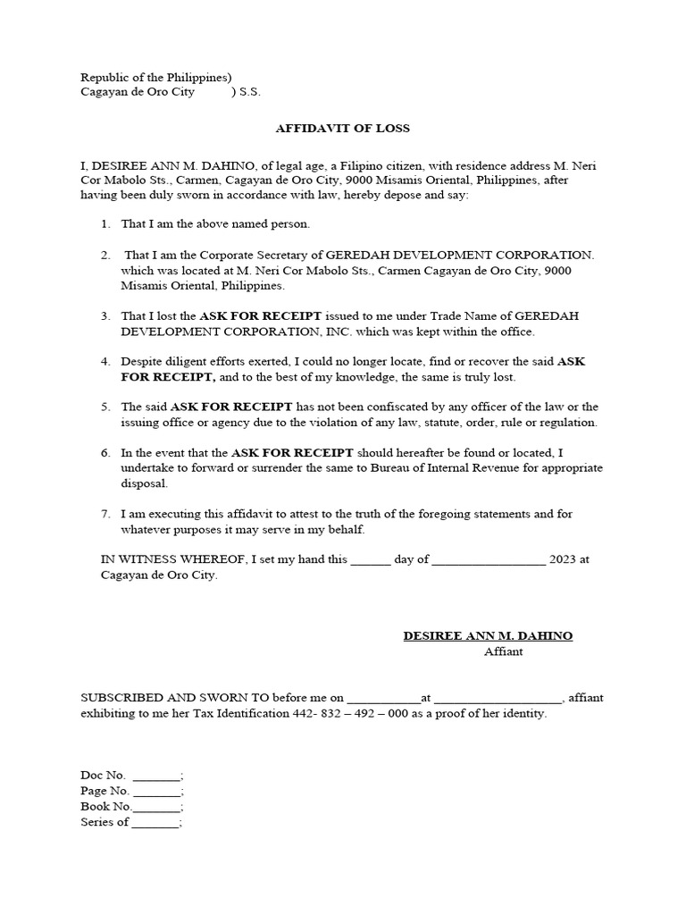 Affidavit of Loss - GDC | PDF