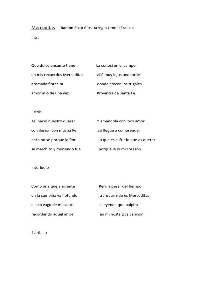 Letra de "Merceditas" de Ramón Sixto Ríos | PDF | Arte | Poesía