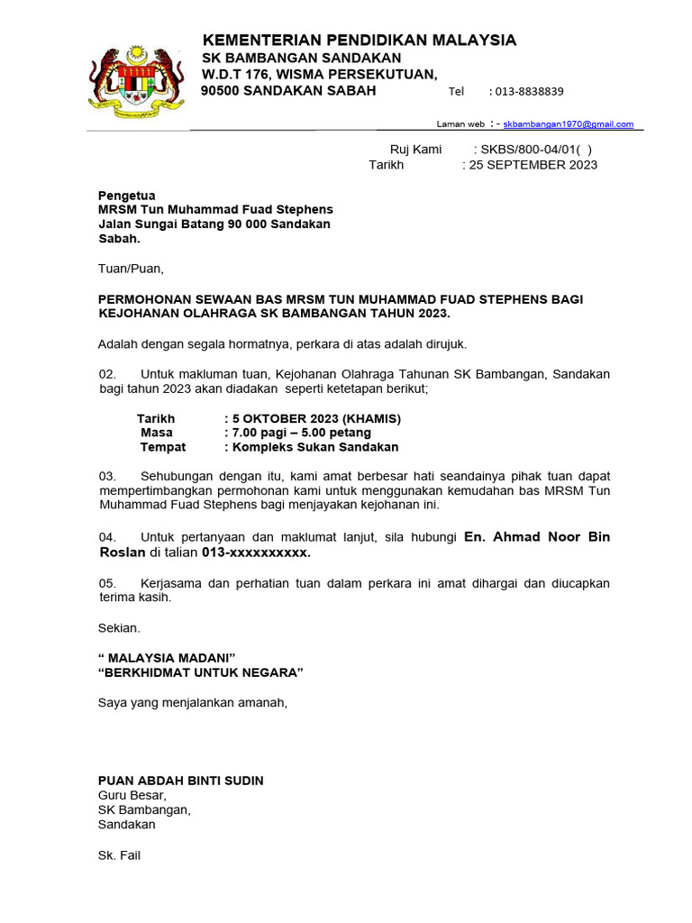 Contoh Surat Sewa Bas 2023 | PDF