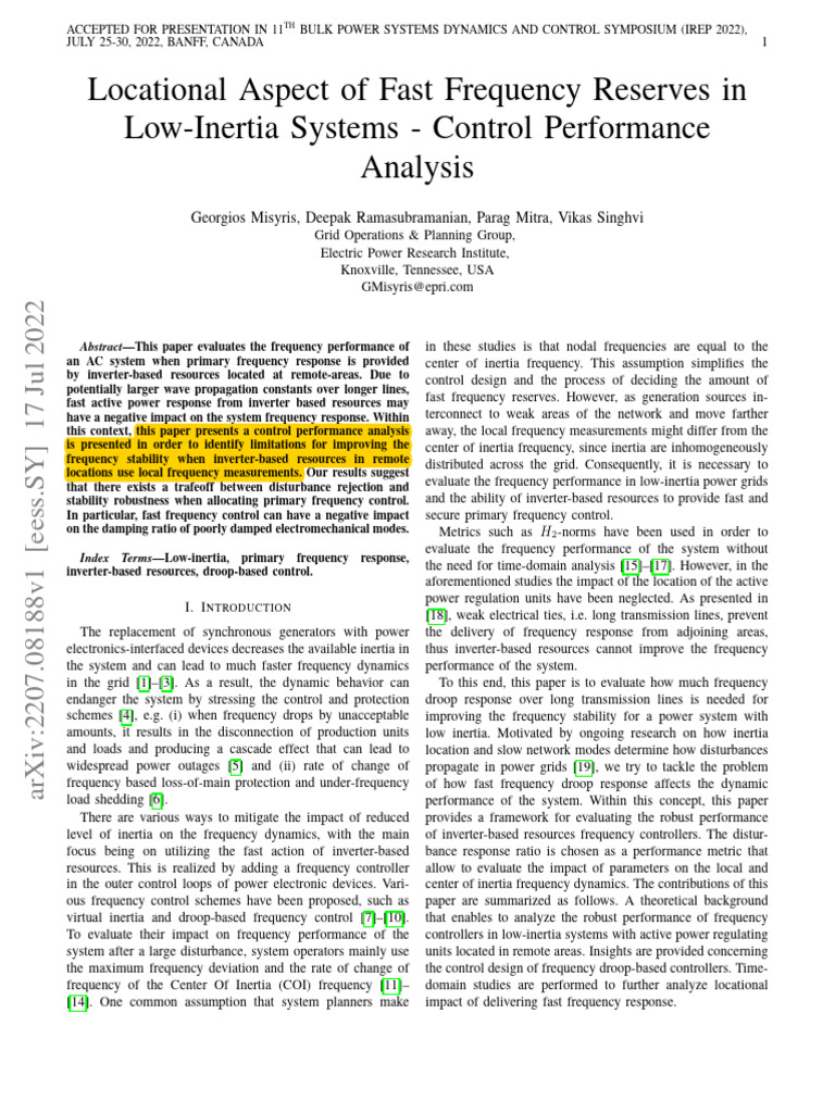 Misyris - Locational Aspect of Fast Frequency Reserves in Low-Inertia Systems - Control ...