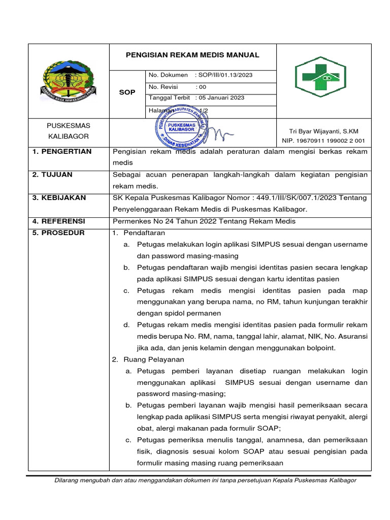 Sop Pengisian Rekam Medis Manual | PDF