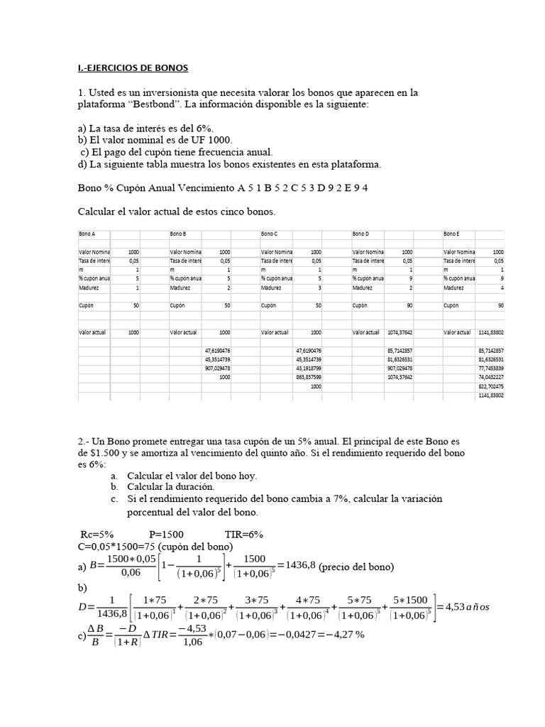 EJERCICIOS RESUELTOS DE BONOS (DE GUIAF2) (1) | PDF | Bonos (Finanzas) | Economias