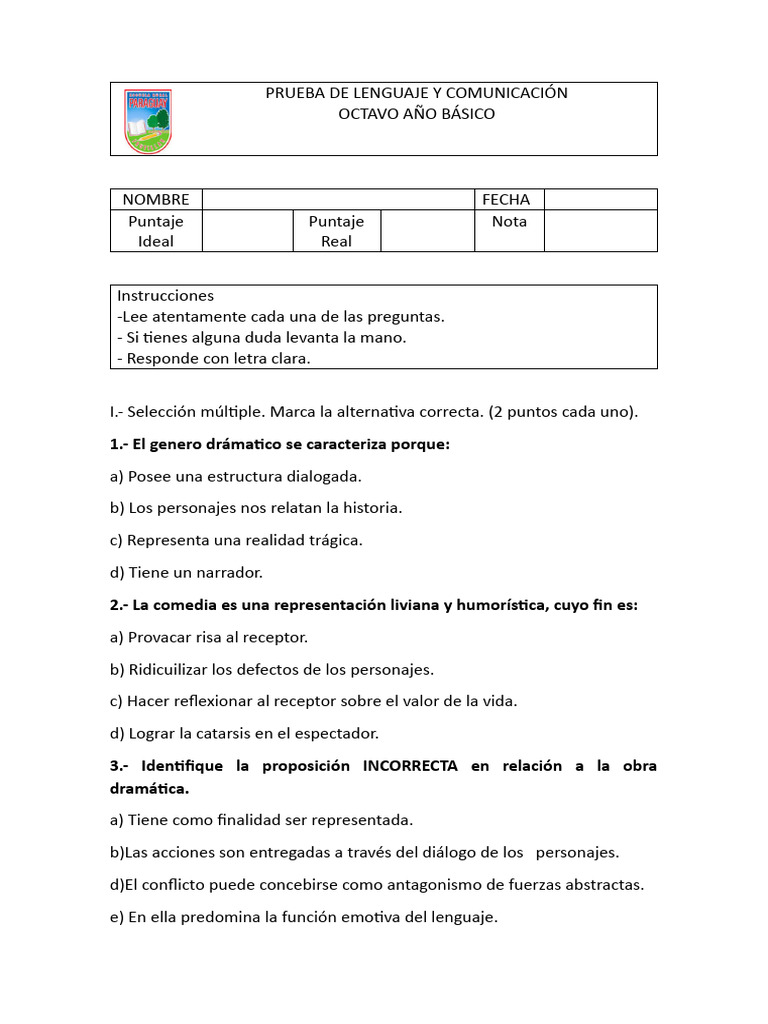 Prueba de Lenguaje y Comunicación | PDF