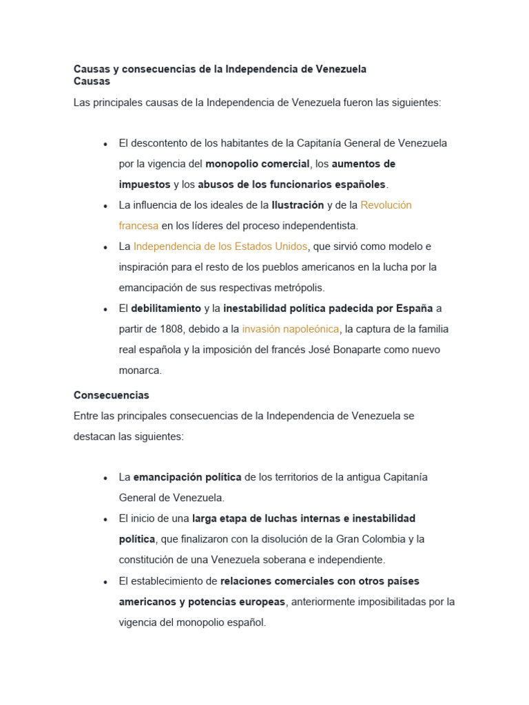 Causas y Consecuencias de La Independencia de Venezuela | PDF | Venezuela | España