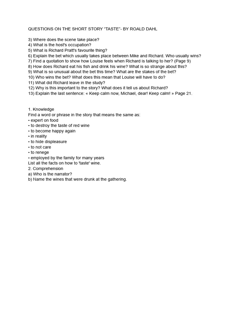 Taste and Other Tales - Questions | PDF