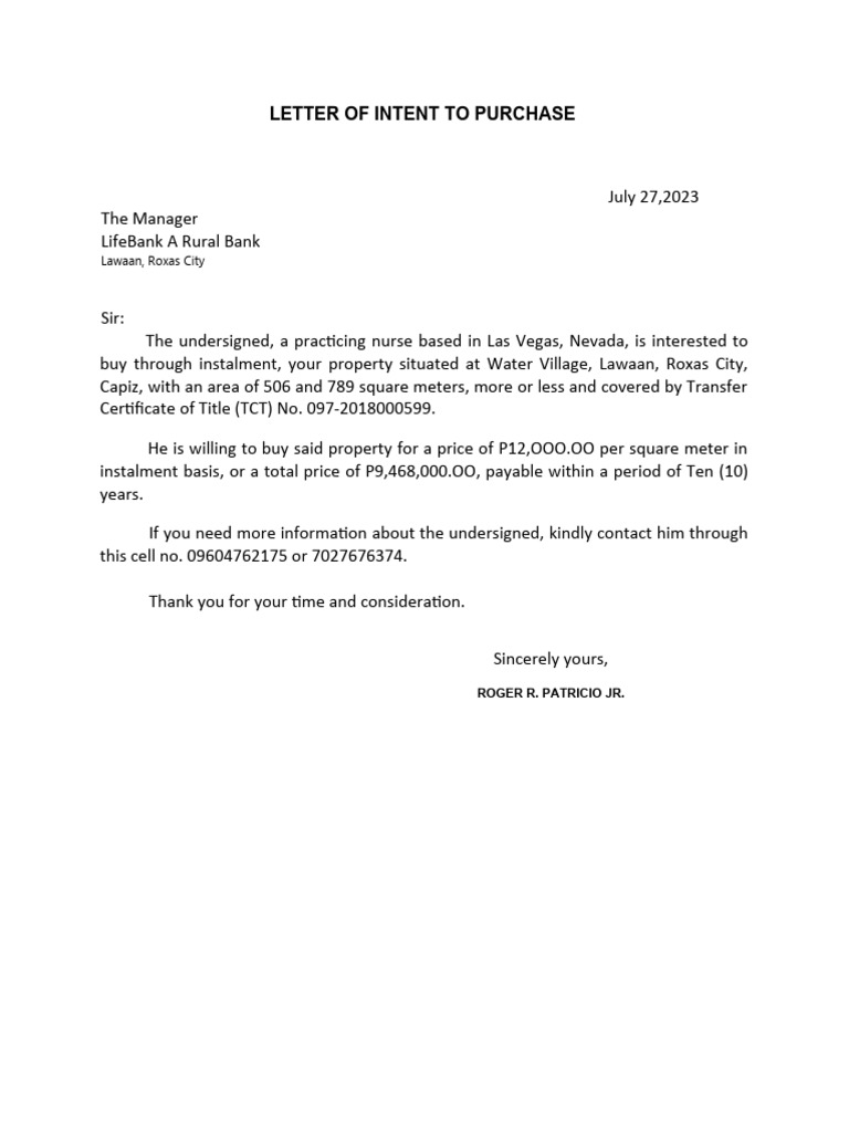 Letter of Intent To Purchase | PDF