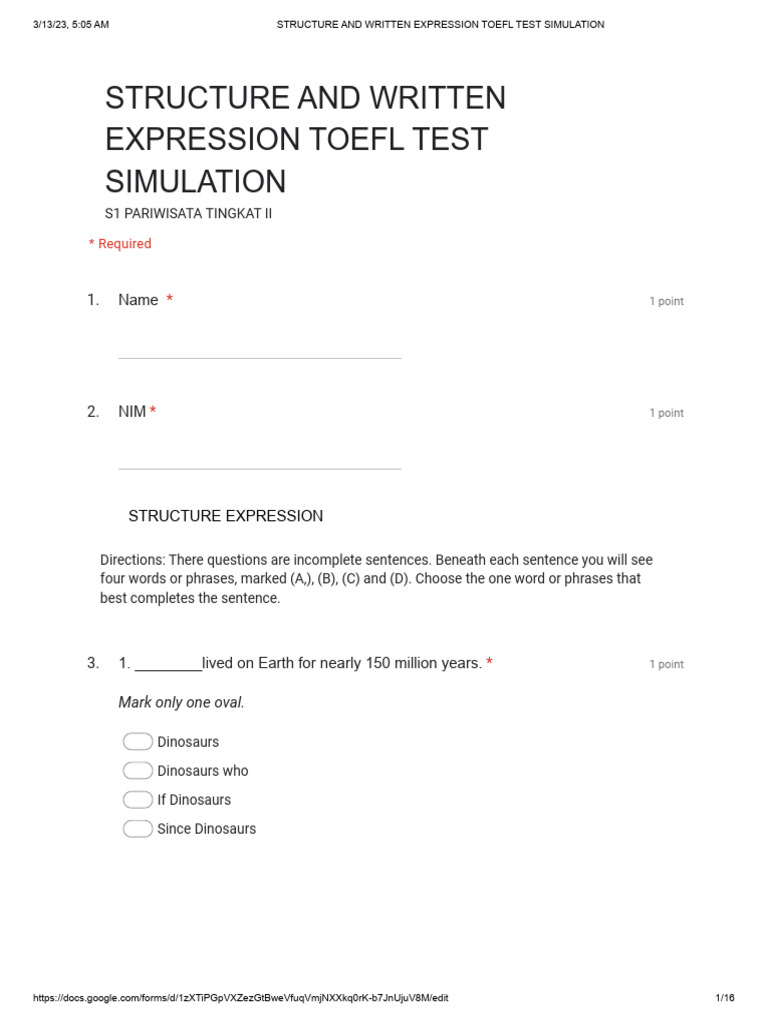 Structure and Written Expression Toefl Test Simulation: 1. Name | PDF